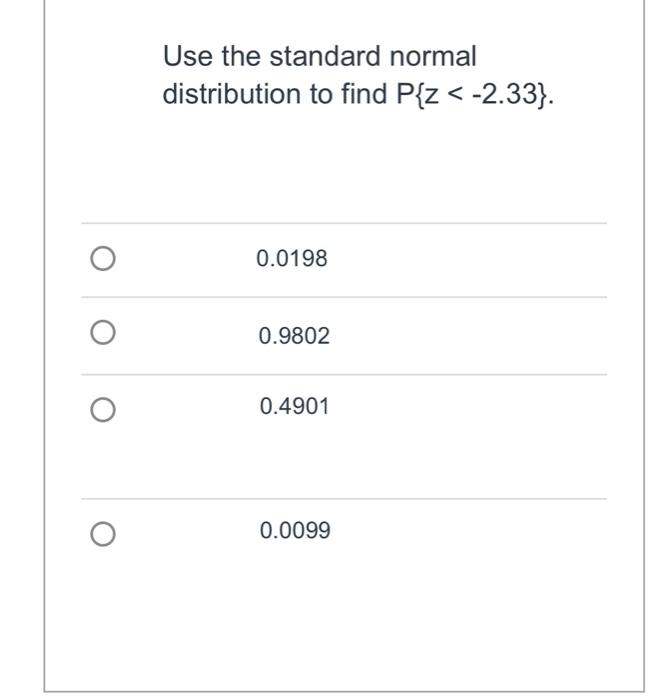 Solved Use the standard normal distribution to find P{z