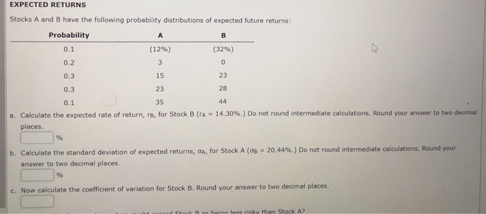 Solved EXPECTED RETURNS Stocks A and B have the following | Chegg.com