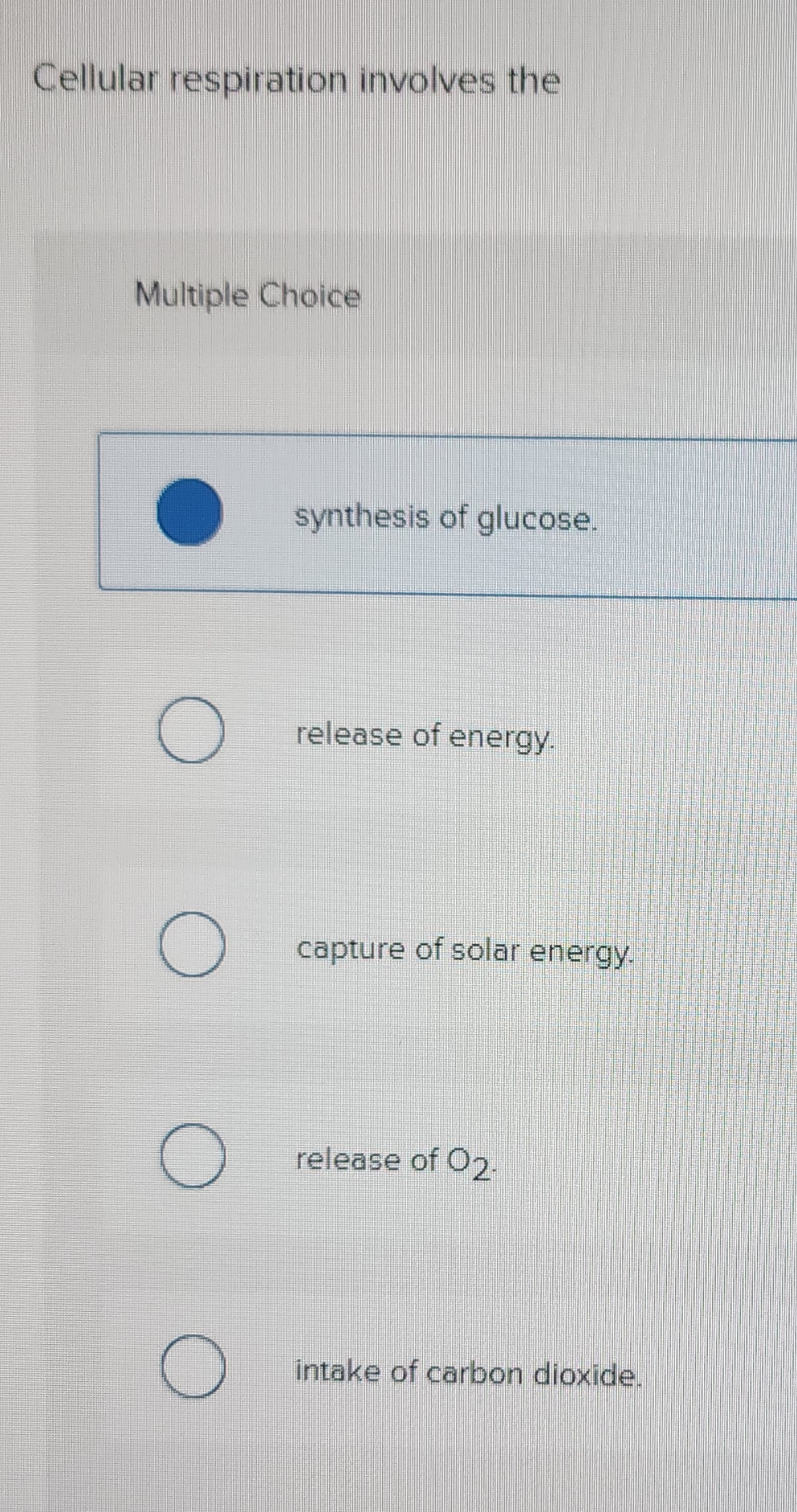 Solved Cellular respiration involves theMultiple Choice | Chegg.com