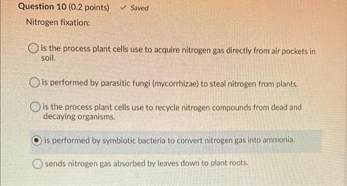 Solved Saved Question 10 (0.2 points) Nitrogen fixation: O | Chegg.com