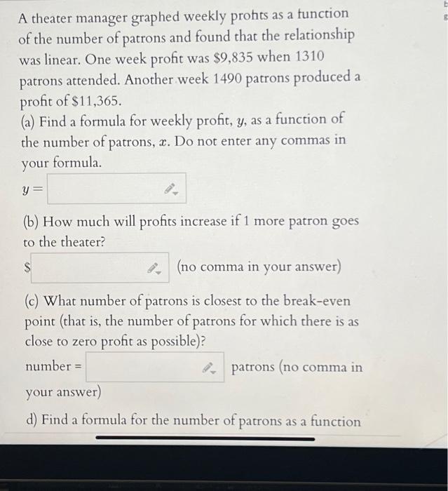 Solved A theater manager graphed weekly prohts as a function | Chegg.com