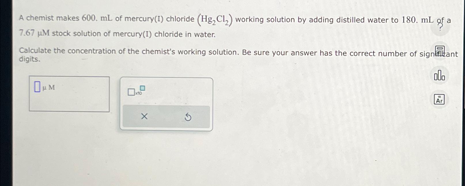 Solved A chemist makes 600.mL of mercury(I) chloride | Chegg.com