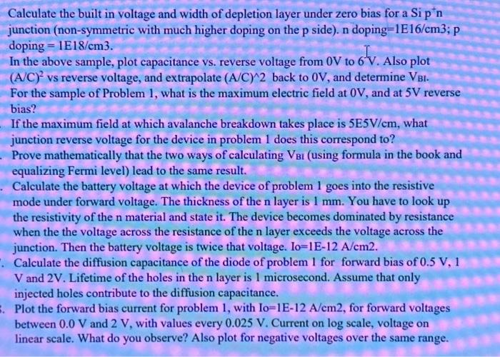 Solved Calculate the built in voltage and width of depletion | Chegg.com