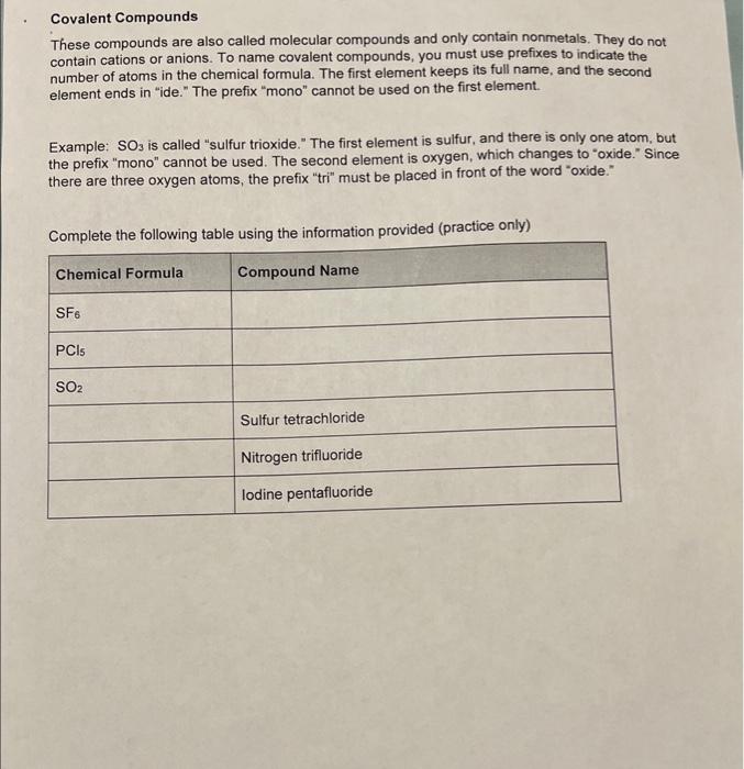 Solved Covalent Compounds These compounds are also called | Chegg.com