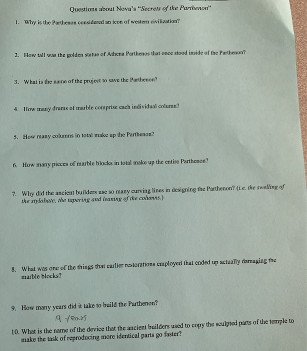 Solved Questions about Nova's "Secrets of the Parthenon" 1. | Chegg.com