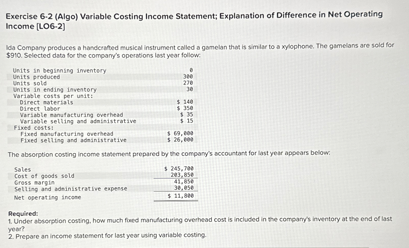 Solved Exercise 6-2 (Algo) ﻿Variable Costing Income | Chegg.com