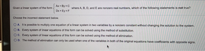 Solved Given a linear system of the form Ax + ByC Dx+Ey - F | Chegg.com