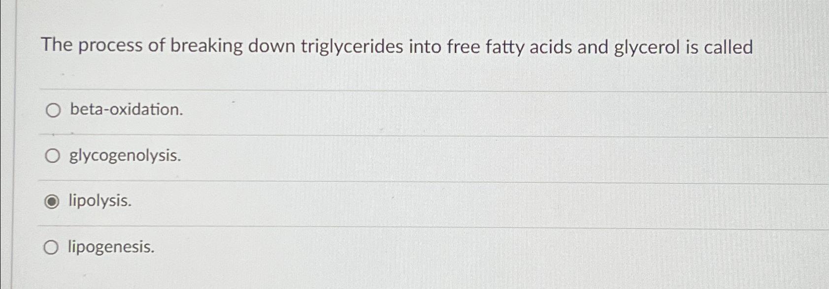 Solved The process of breaking down triglycerides into free | Chegg.com
