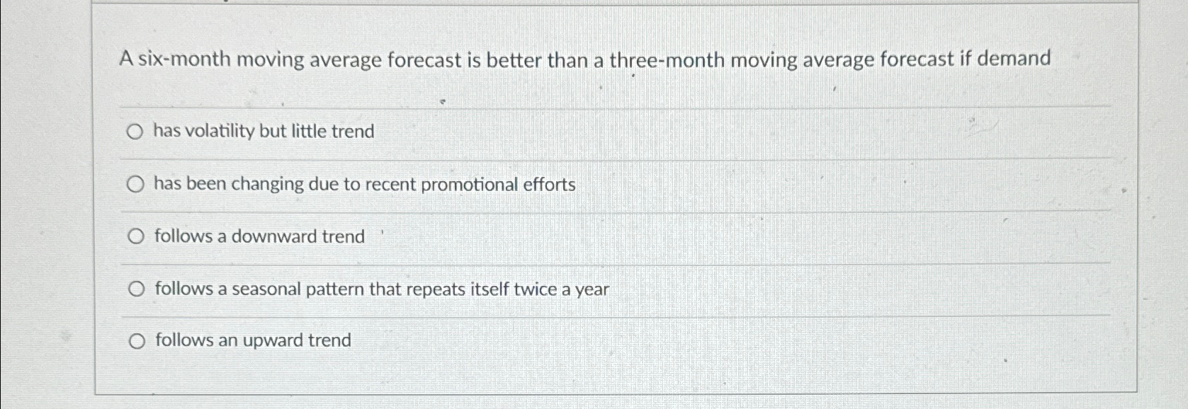 Solved A six-month moving average forecast is better than a | Chegg.com Solved A six-month moving average forecast is better than a | Chegg.com