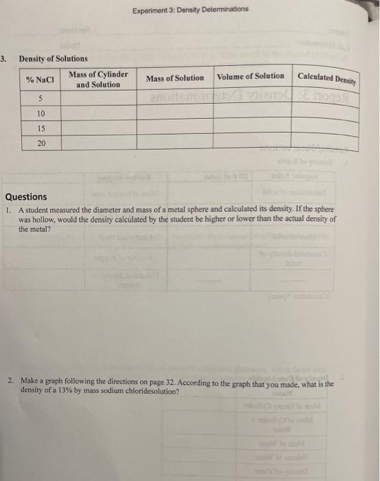 Solved Experiment 3 Density Determinations Objective Density | Chegg.com