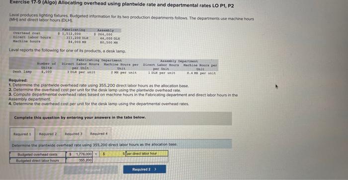 Solved Exercise 17-9 (Algo) Allocating overhead using | Chegg.com