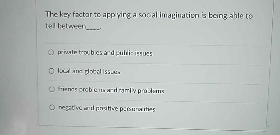 Solved The key factor to applying a social imagination is | Chegg.com