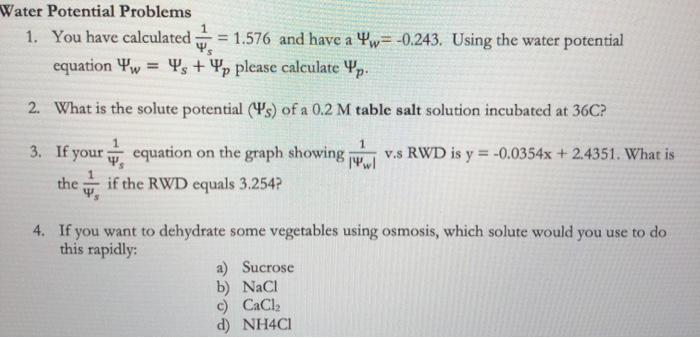 Water Potential Problems 1. You have calculated = | Chegg.com
