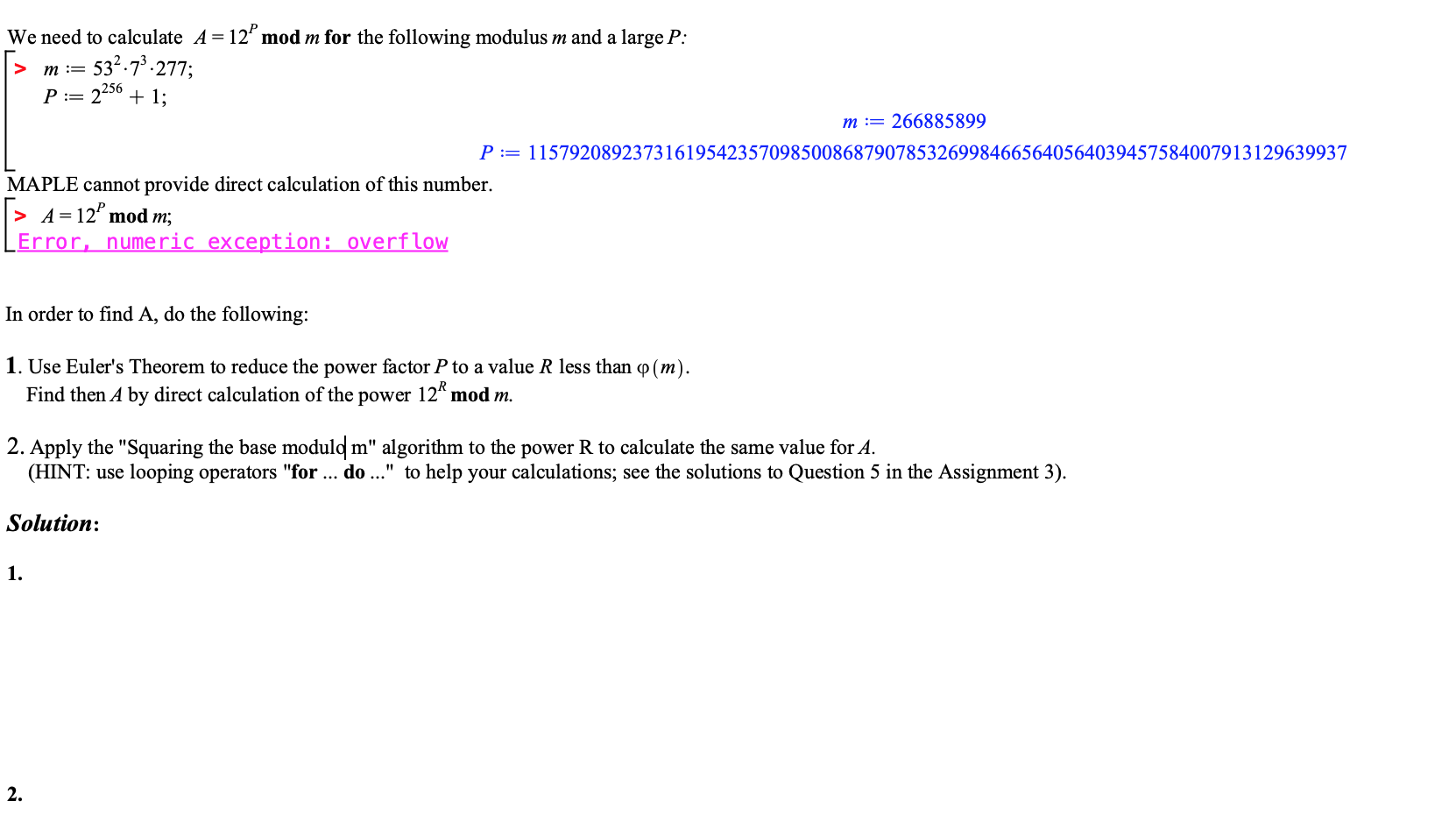 Solved We need to calculate A=12Pmodm for the following | Chegg.com