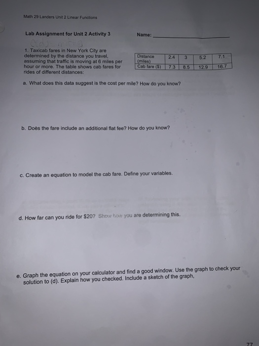 Solved Math 29 Landers Unit 2 Linear Functions Lab | Chegg.com