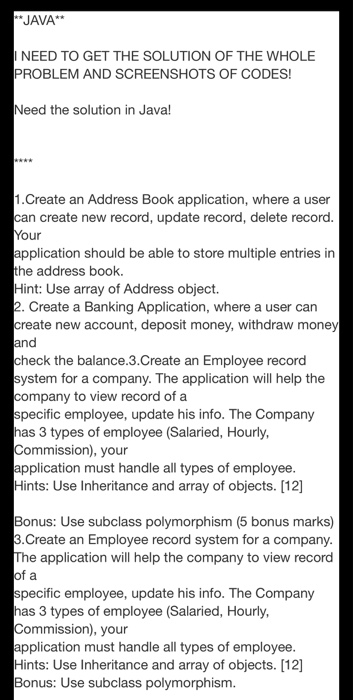 Solved JAVA INEED TO GET THE SOLUTION OF THE WHOLE PROBLEM | Chegg.com