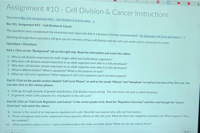 Assignment #10 - Cell Division & Cancer Instructions | Chegg.com