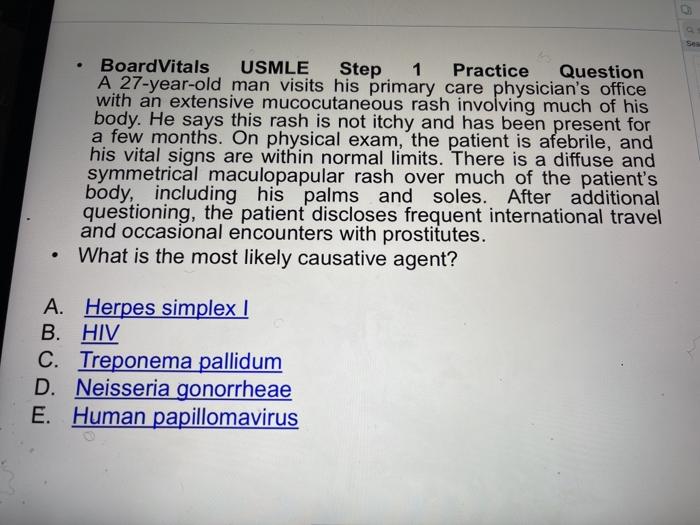Solved Se Board Vitals USMLE Step 1 Practice Question A | Chegg.com