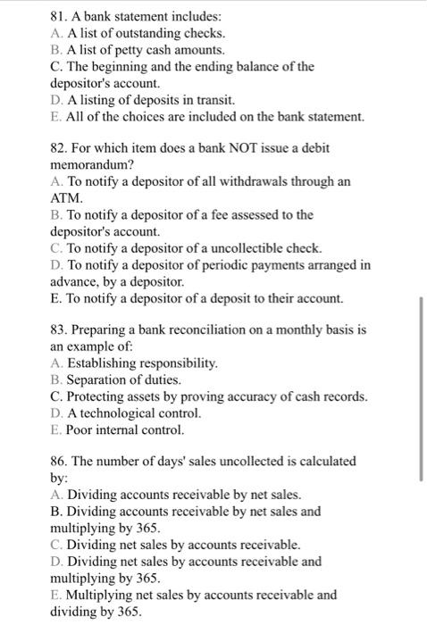 Solved 81. A bank statement includes: A. A list of | Chegg.com