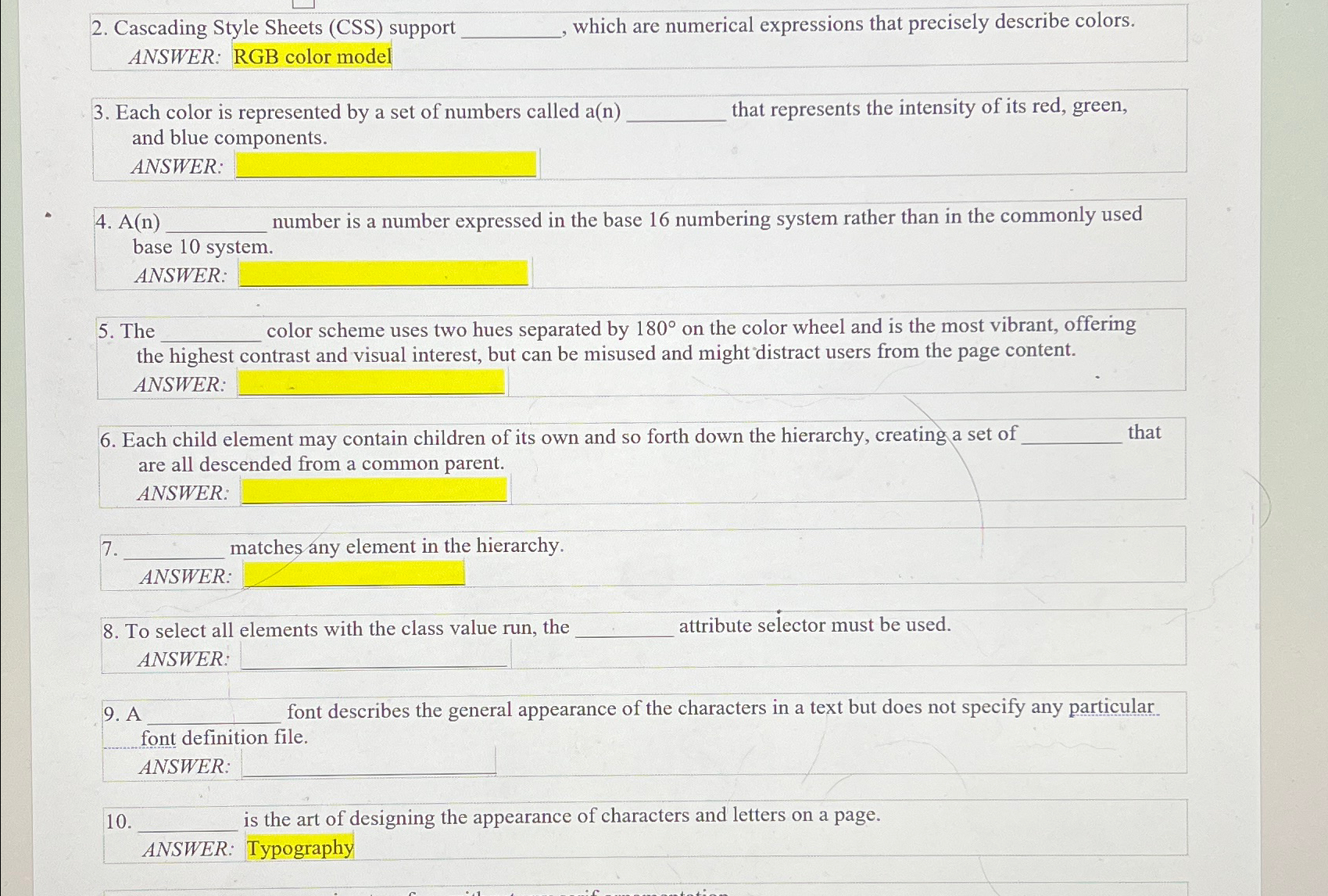Solved Answer Questions 2-10Cascading Style Sheets (CSS) | Chegg.com