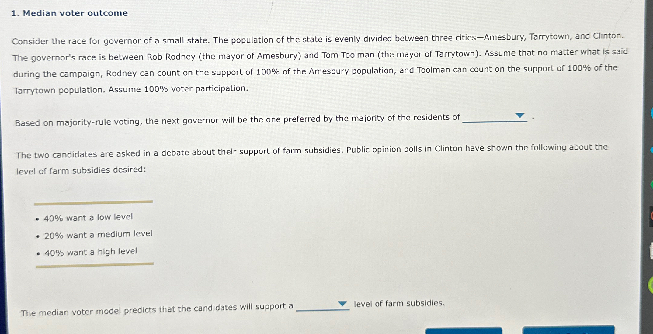 Solved Median voter outcomeConsider the race for governor of | Chegg.com