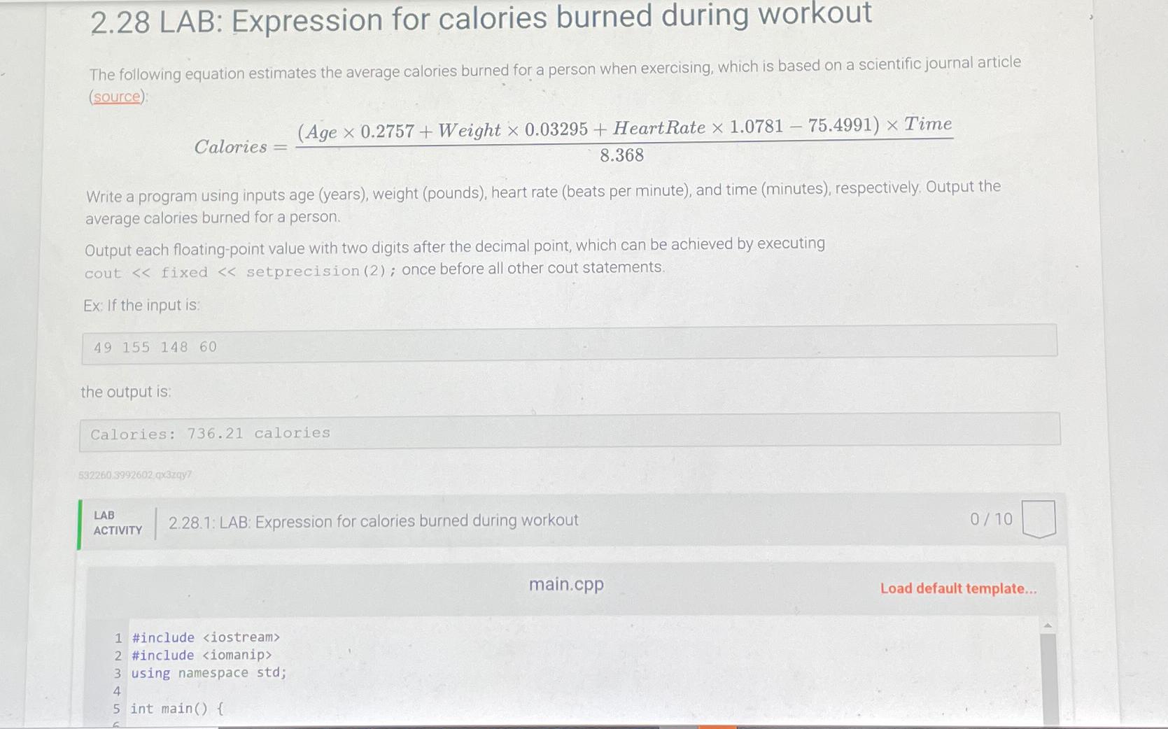 Solved 2.28 ﻿LAB: Expression for calories burned during | Chegg.com