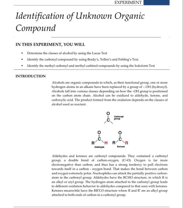 Solved EXPERIMENT Identification of Unknown Organic Compound | Chegg.com