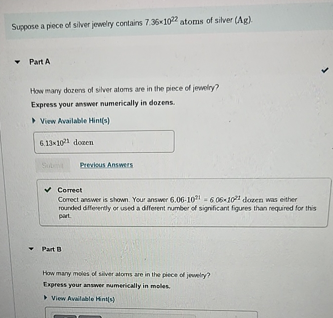 Solved Suppose a piece of silver jewelry contains 7.36×1022 | Chegg.com
