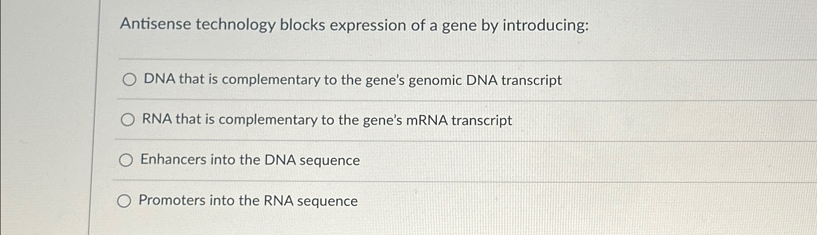 Solved Antisense technology blocks expression of a gene by | Chegg.com