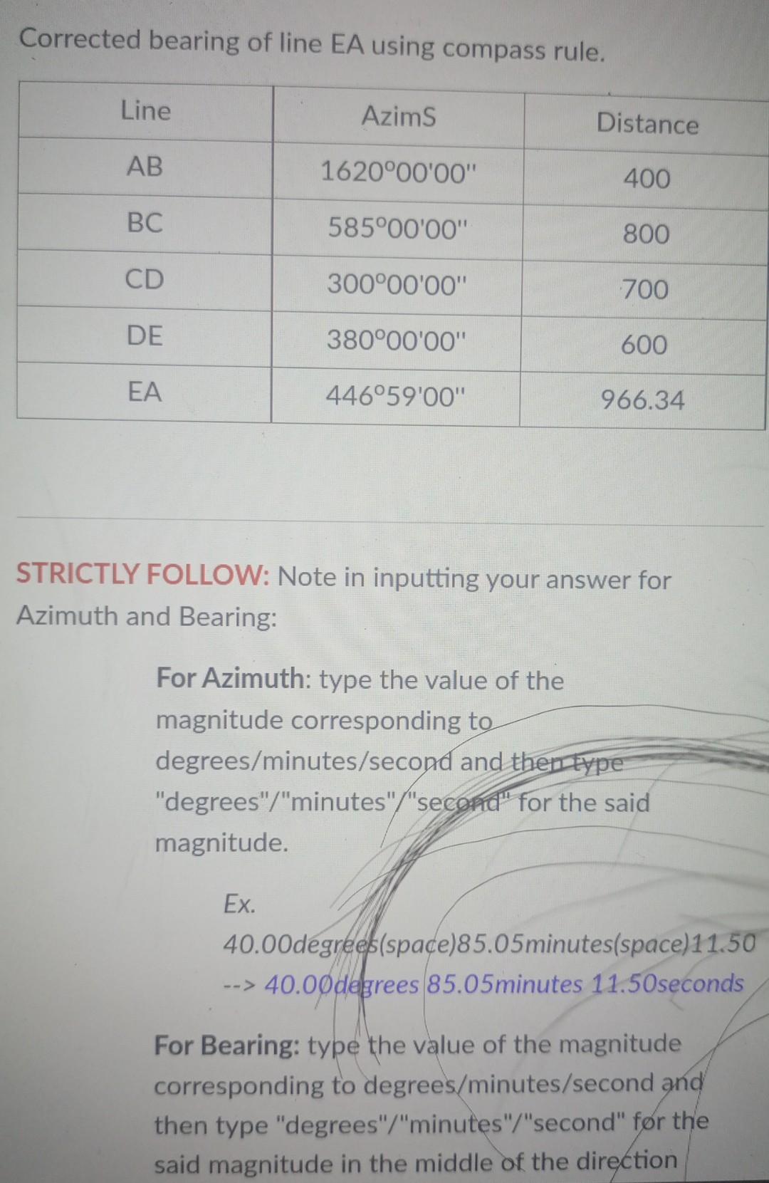 Solved Corrected bearing of line EA using compass rule. Line | Chegg.com
