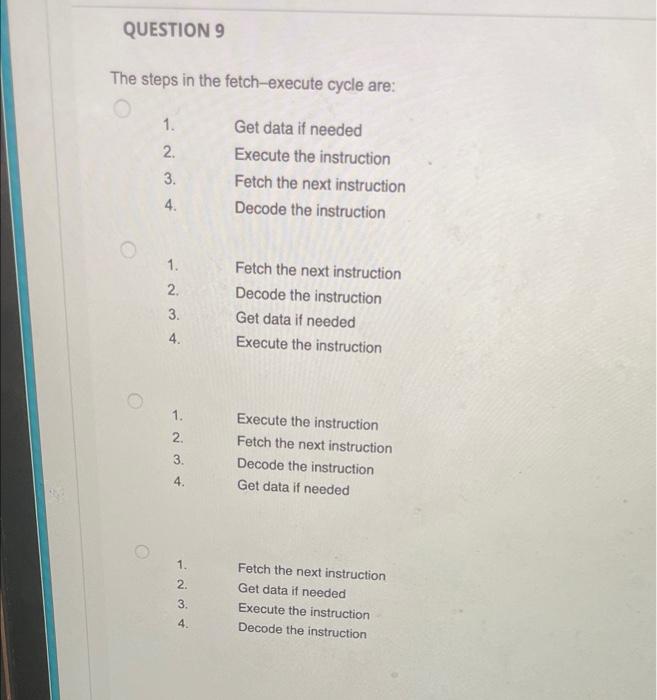 Solved QUESTION 9 The steps in the fetch-execute cycle are: | Chegg.com