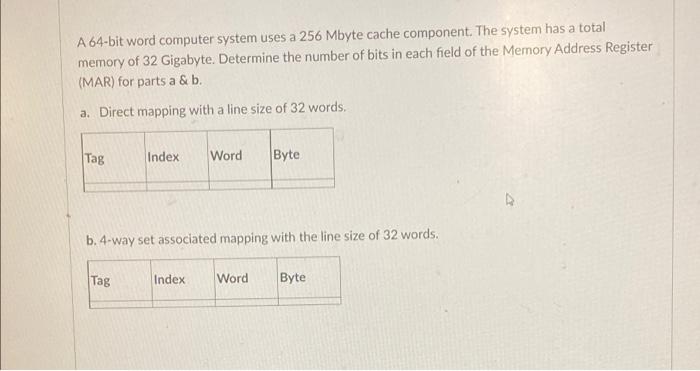 Solved A 64-bit word computer system uses a 256 Mbyte cache | Chegg.com