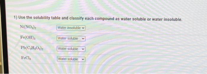 Solved 1) Use the solubility table and classify each | Chegg.com