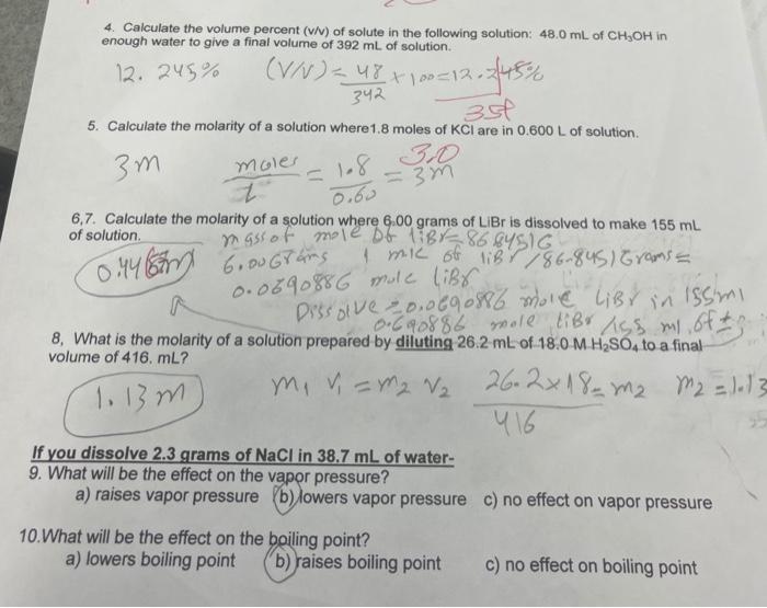 Solved 4. Calculate the volume percent (v/v) of solute in | Chegg.com
