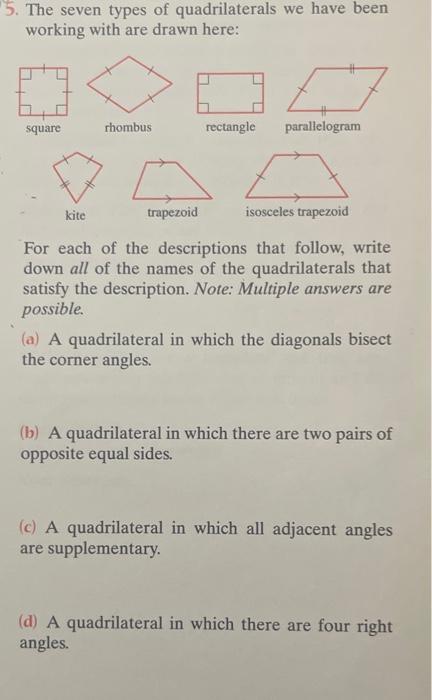 Solved 5. The seven types of quadrilaterals we have been | Chegg.com