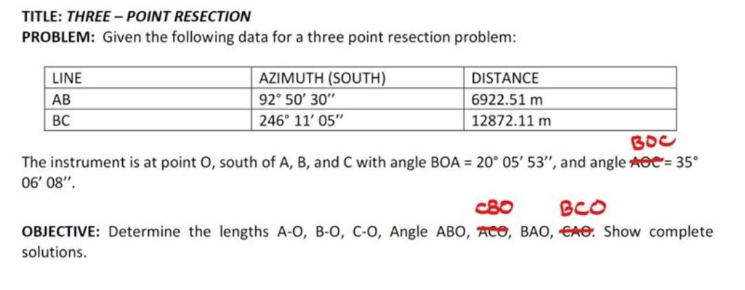 Solved TITLE: THREE-POINT RESECTION PROBLEM: Given the | Chegg.com