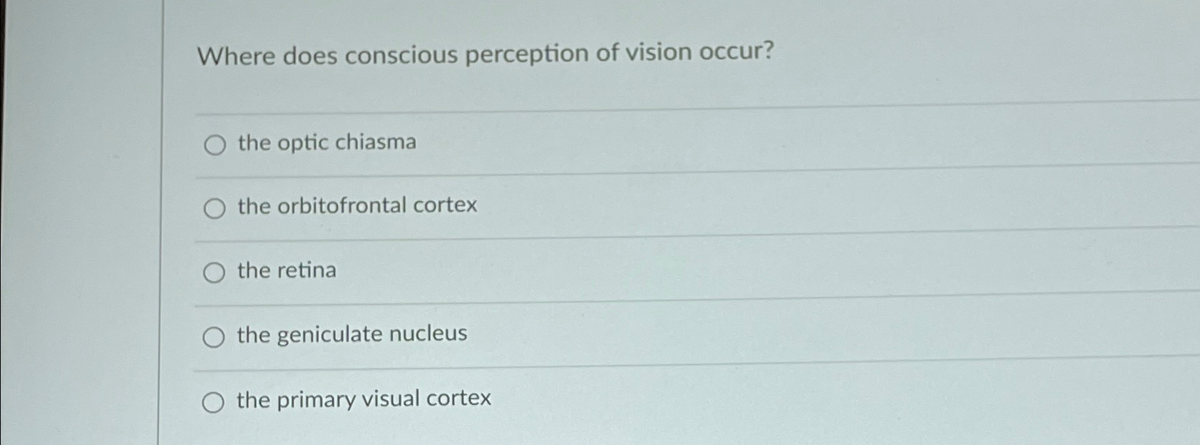 Solved Where does conscious perception of vision occur?the | Chegg.com