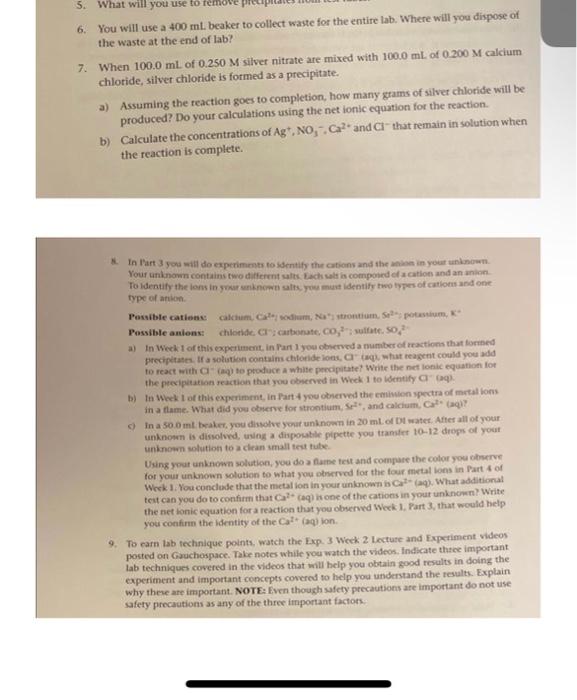 6. You will use a 400 mL. beaker to collect waste for | Chegg.com