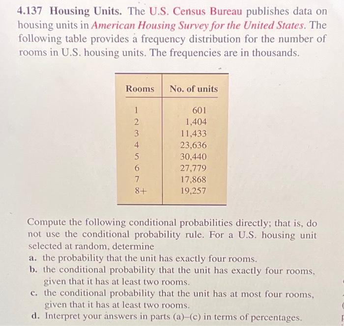 Solved 4.137 Housing Units. The U.S. Census Bureau publishes | Chegg.com