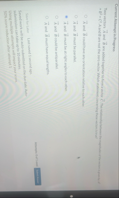 Solved Current Attempt in ProgressTwo vectors vec(A) ﻿and | Chegg.com