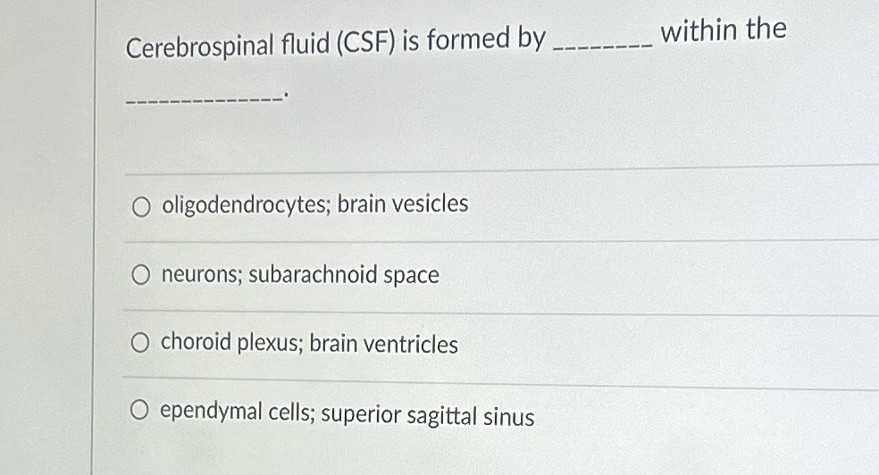 Solved Cerebrospinal fluid (CSF) ﻿is formed by ﻿within | Chegg.com