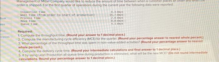 Solved Required: 1. Compute the throughput time, (Round your | Chegg.com