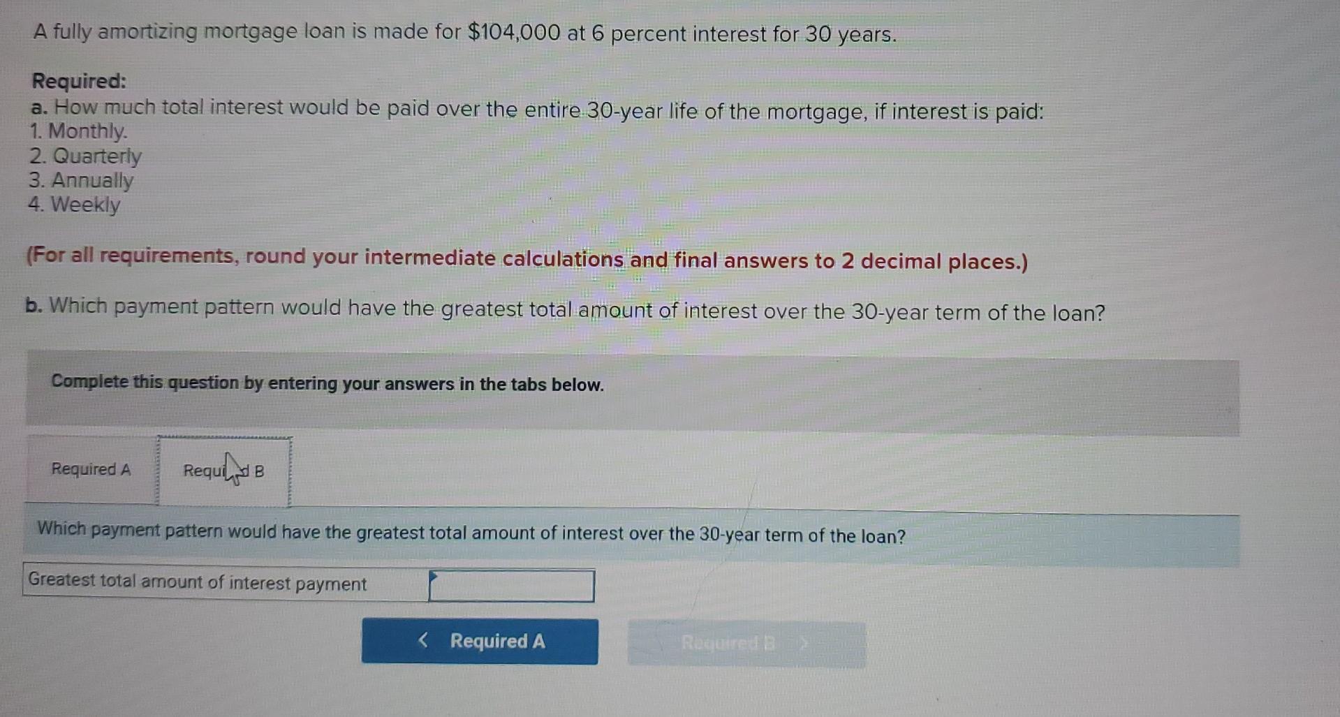Solved A fully amortizing mortgage loan is made for $104,000 | Chegg.com