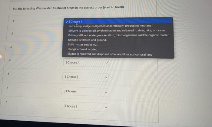 Solved Put the following Wastewater Treatment Steps in the | Chegg.com