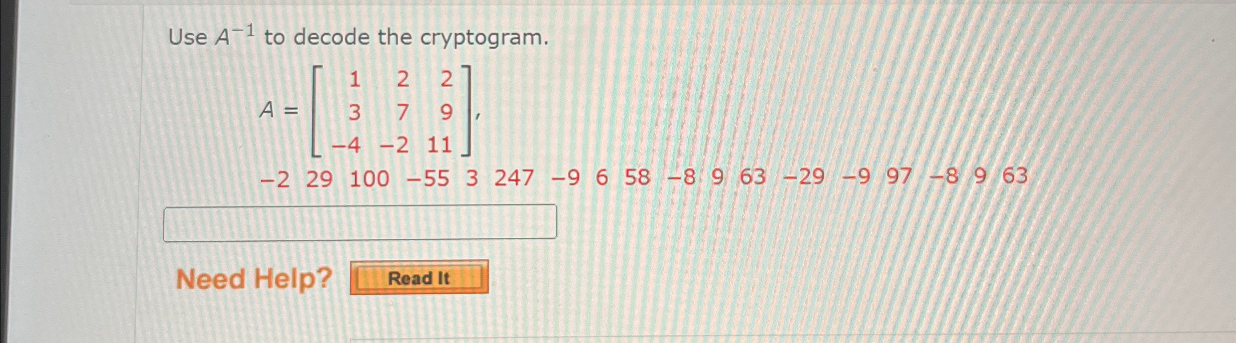 Solved Use A-1 ﻿to decode the cryptogram(Reger to image | Chegg.com