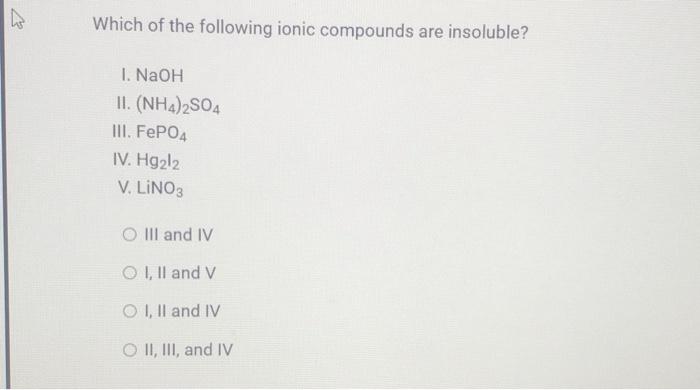 Solved Which of the following ionic compounds are insoluble? | Chegg.com