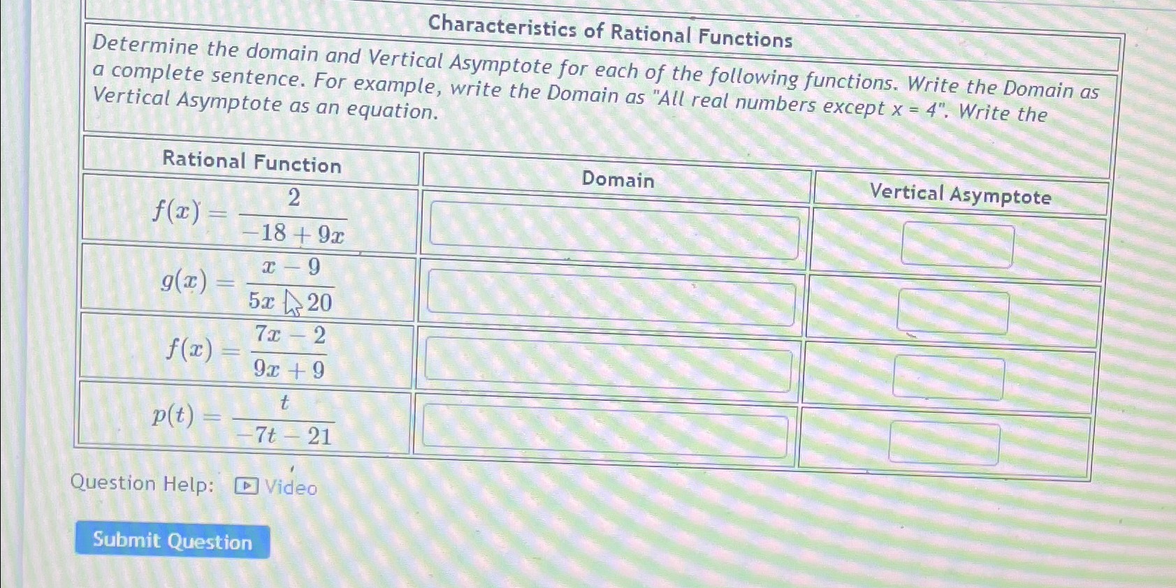 Solved Characteristics of Rational FunctionsDetermine the | Chegg.com