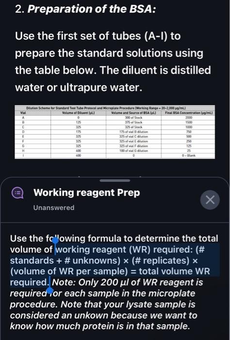 2. Preparation of the BSA: Use the first set of tubes | Chegg.com