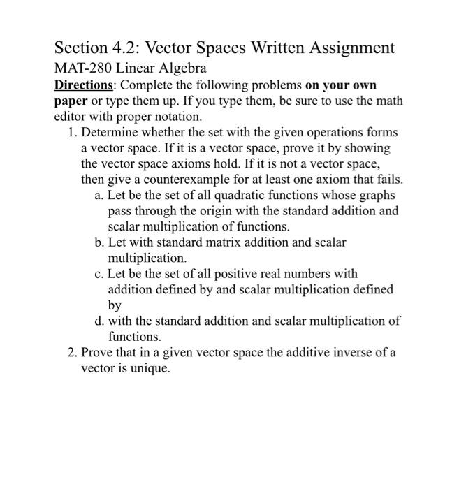 Solved Section 4.2: Vector Spaces Written Assignment MAT-280 | Chegg.com