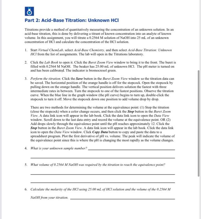 Solved Part 2: Acid-Base Titration: Unknown HCI Titrations | Chegg.com